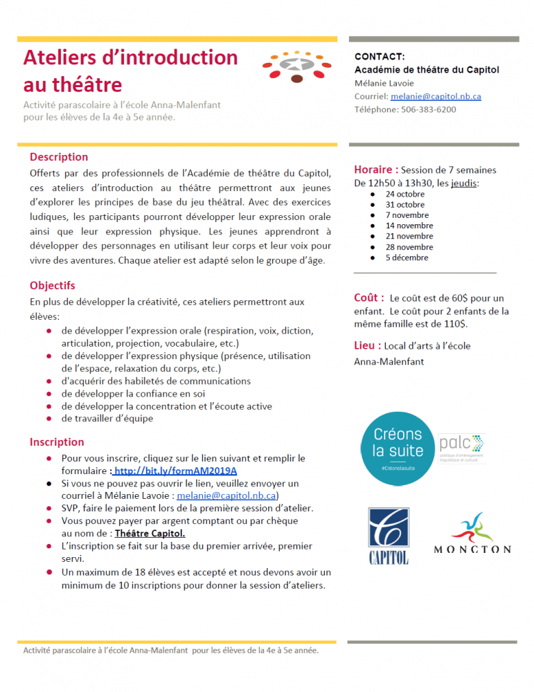 Ateliers d’introduction au théâtre - École Anna-Malenfant